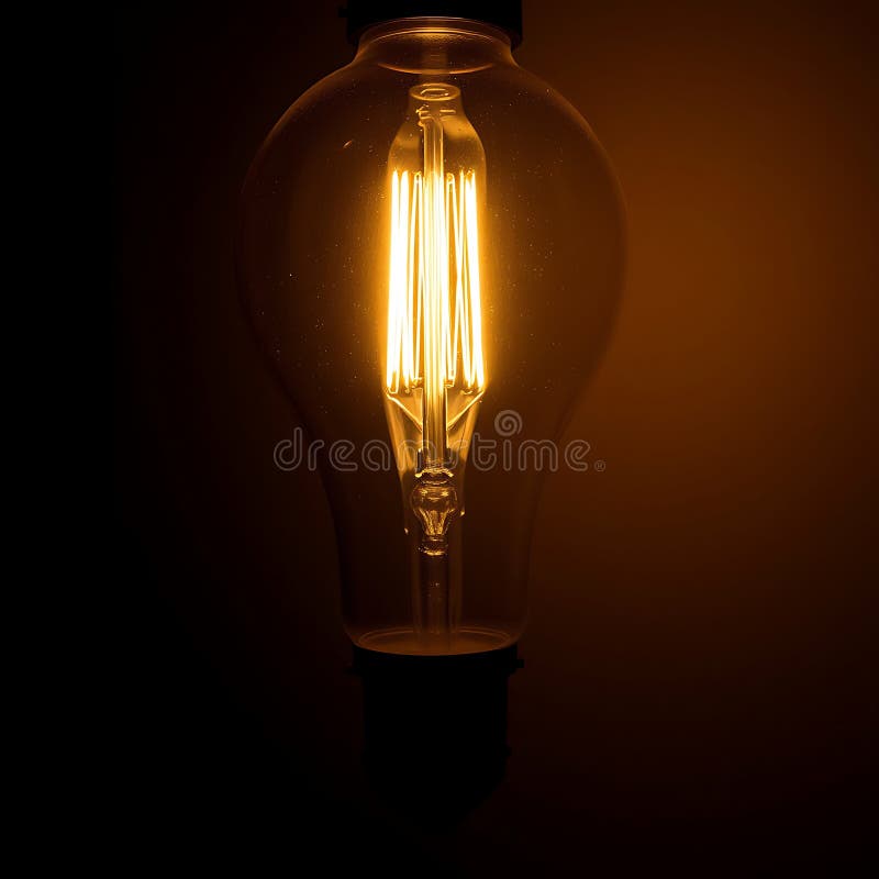 A Glowing Light Bulb with Visible Filaments in a Dark Room Stock ...