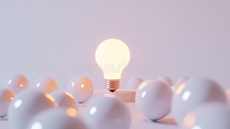 Glowing Light Bulb among White Spheres Symbolizes Innovation and ...