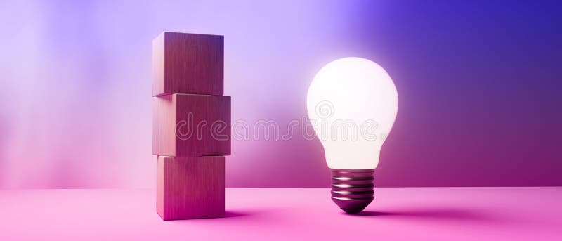 Glowing Light Bulb with Wooden Blocks - 3D Stock Illustration ...