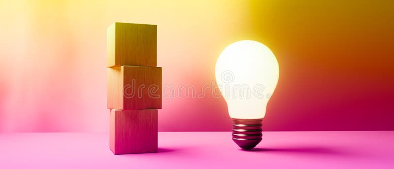 Glowing Light Bulb with Wooden Blocks - 3D Stock Illustration ...