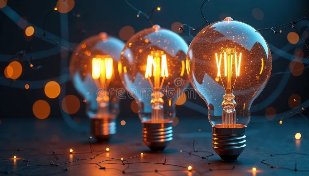 Glowing Light Bulbs in Dark Environment. Abstract Network Pattern ...