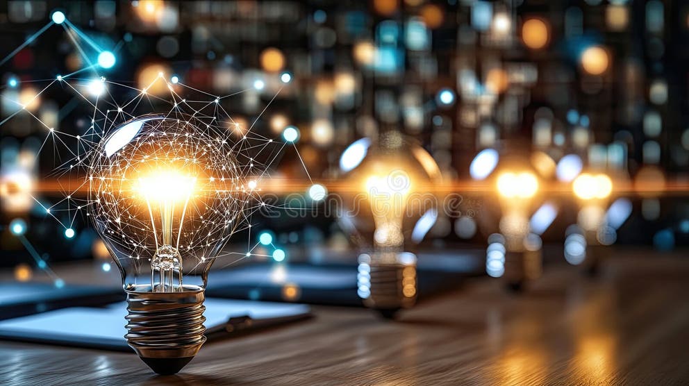 Glowing Light Bulbs with Network Connections. Concept of Innovation and ...