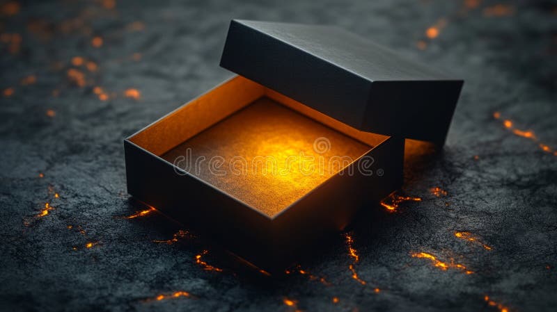 Glowing Light Emanating from Open Black Box on Textured Surface Stock ...