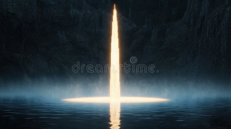 Glowing Light Pillar Reflecting in Dark Water Stock Illustration ...