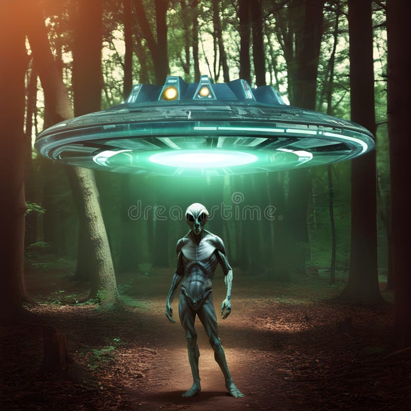 A Spaceship Over the Head of an Alien in the Forest. Stock Illustration ...