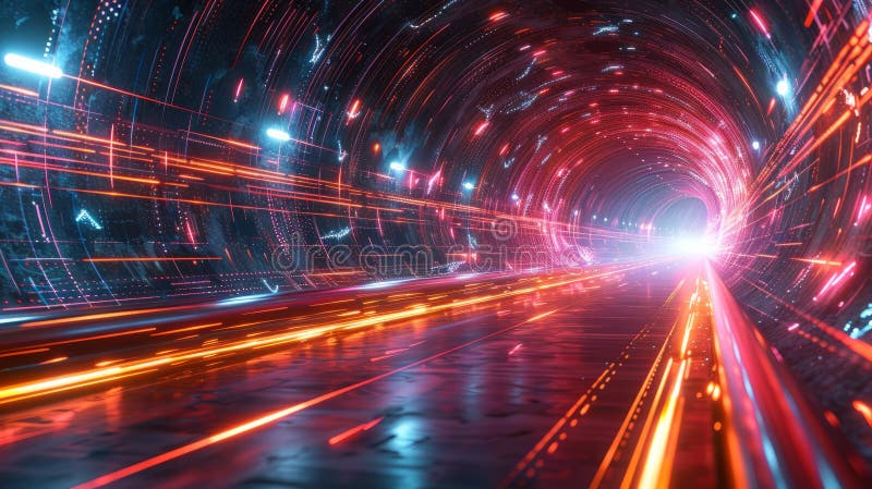 Glowing Light Trails in a Digital Tunnel Stock Photo - Image of tunnel ...