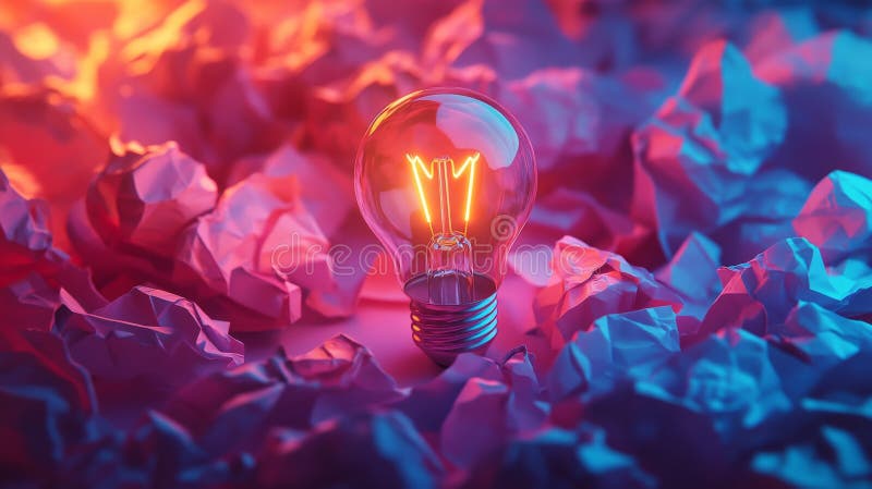 A Glowing Lightbulb Amidst a Stack of Crumpled Papers, Signifying the ...