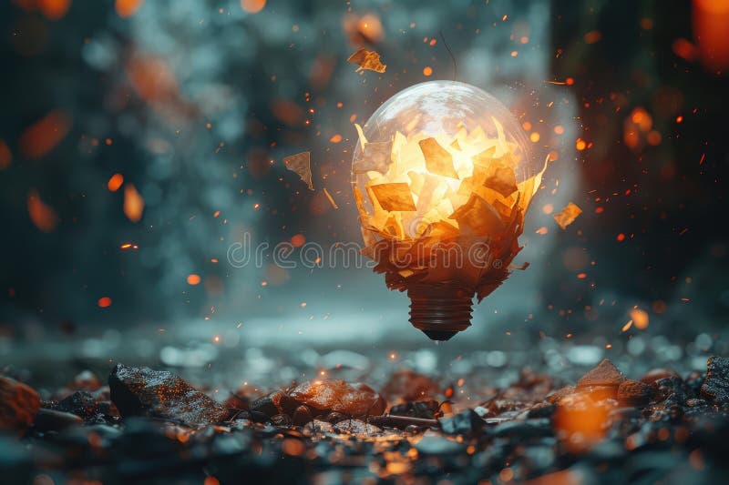 Burning Lightbulb Shattered on Rocks, Fiery Sparks Stock Illustration ...