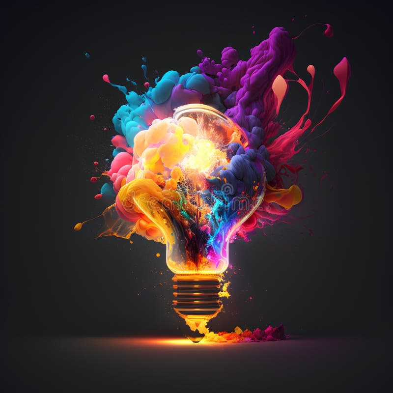 Glowing Lightbulb with Colorful Paint Splashes on Dark Background Stock ...
