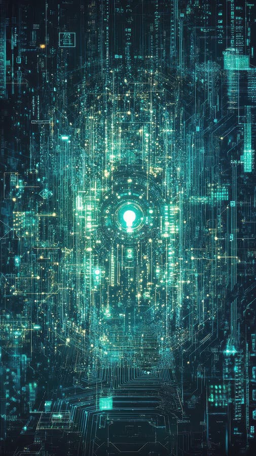 Glowing Lightbulb within a Digital Network of Circuits and Data Stock ...