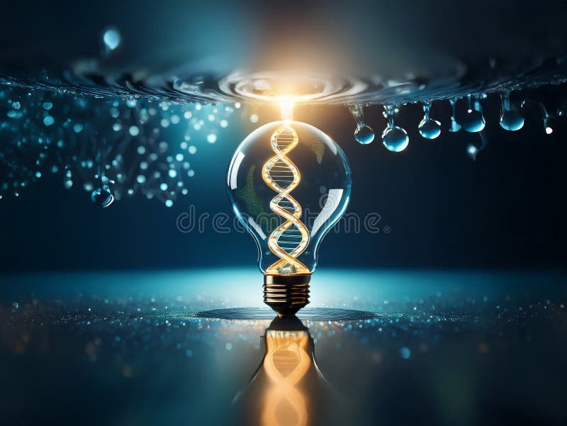 Glowing Lightbulb with DNA Double Helix Inside, Surrounded by Water ...