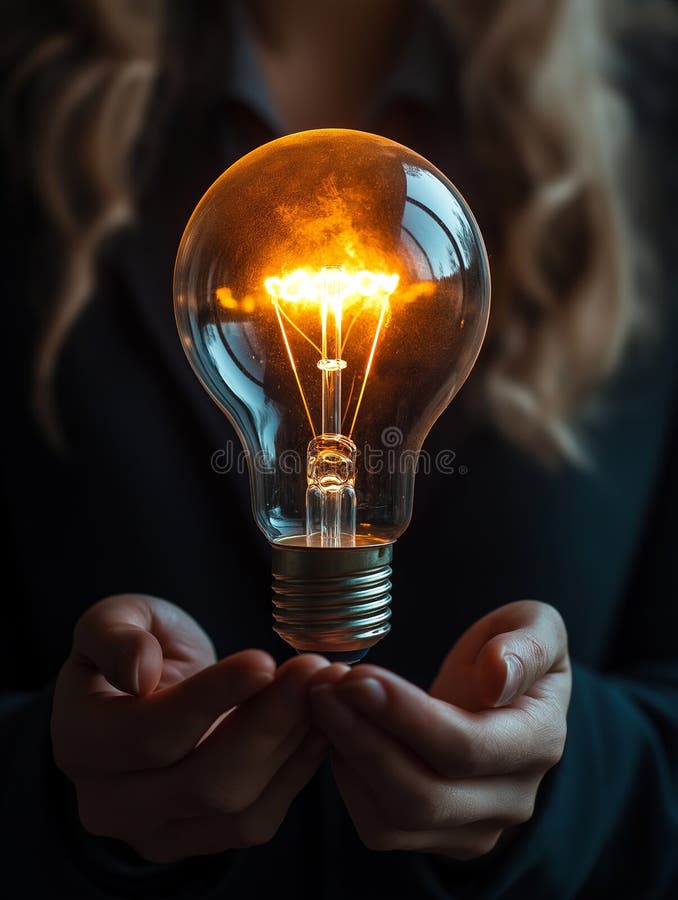 Glowing Lightbulb Held in Hands Stock Illustration - Illustration of ...