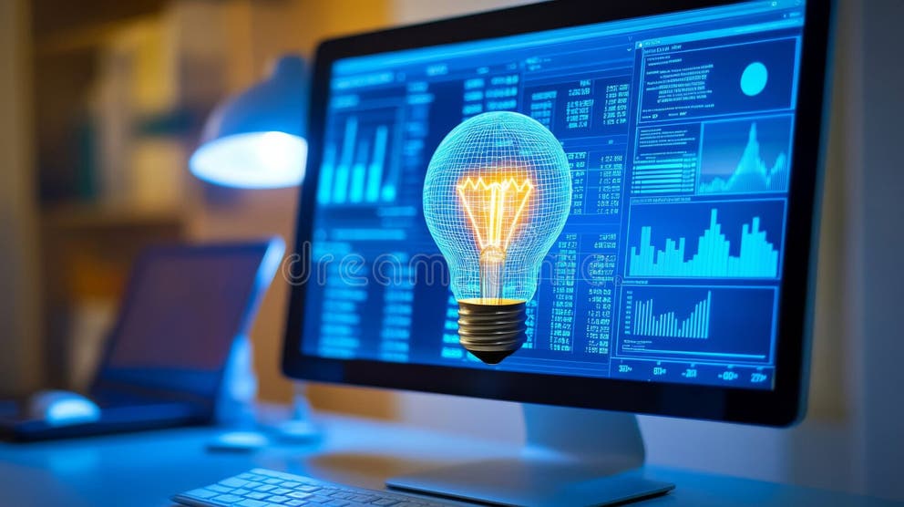 A Glowing Lightbulb Hovering Over a Computer Screen Displaying Data ...