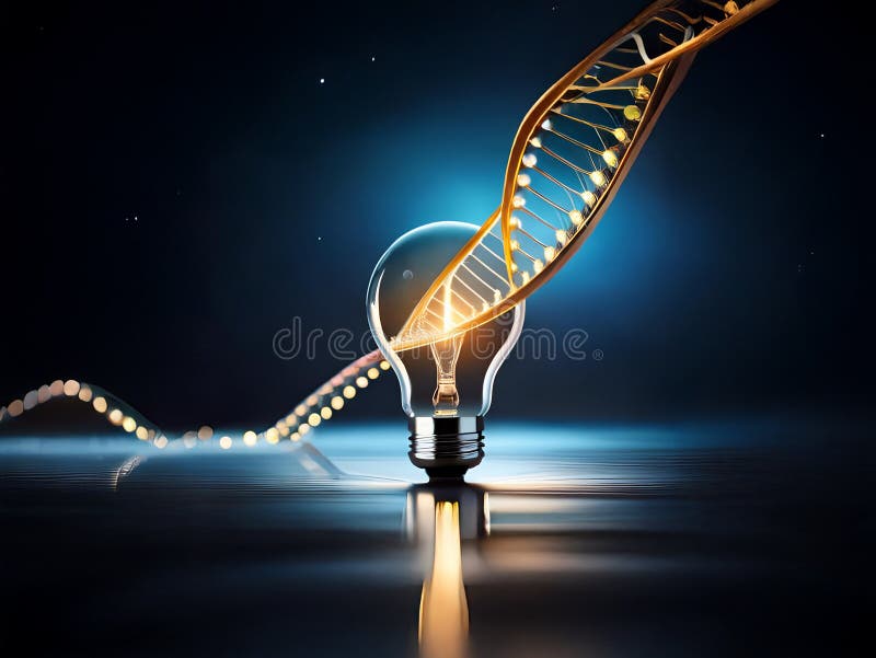 A Glowing Lightbulb, Illuminated from within, is Intersected by a DNA ...