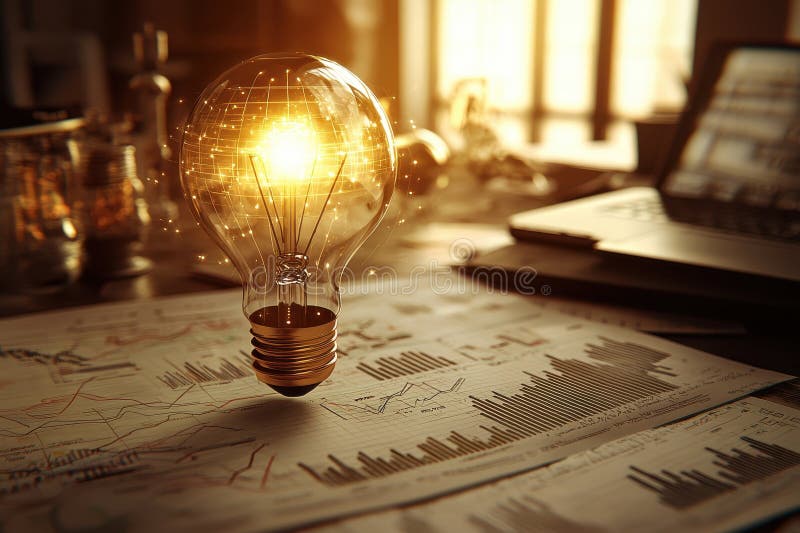 Glowing Lightbulb Illuminating Desk Surrounded by Graphs and Analytical ...