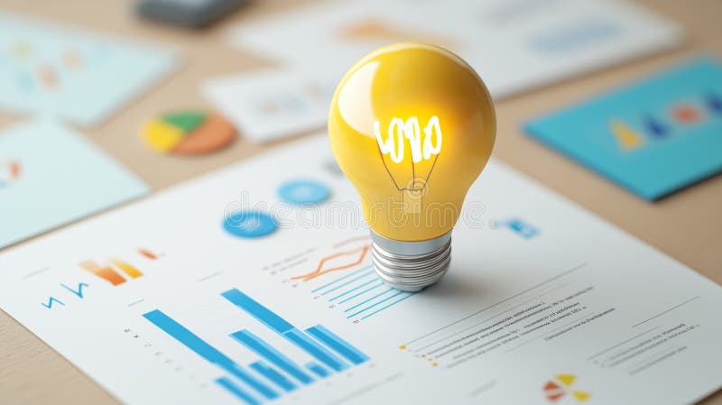 A Glowing Lightbulb Inspires Ideas in a Workspace of Charts and Graphs ...