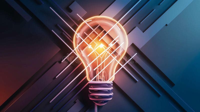 A Glowing Lightbulb with Internal Filaments Surrounded by Geometric ...