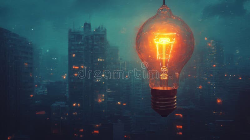 Glowing Lightbulb Over Dark City at Night Stock Illustration ...