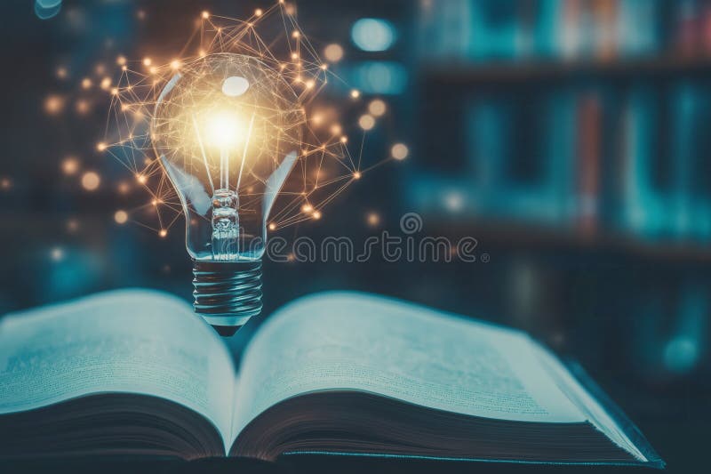 Glowing Lightbulb Over Open Book in Library Stock Illustration ...