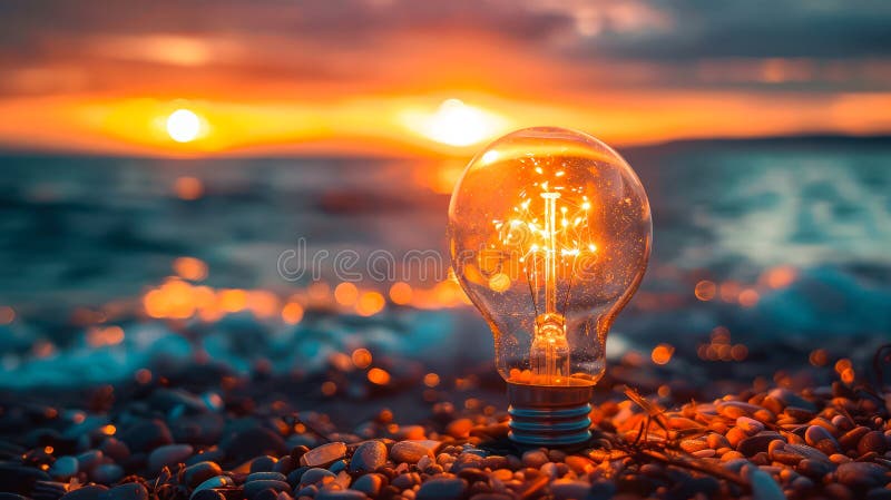 A Lightbulb Glows Brightly on a Pebble Beach As the Sun Sets in the ...