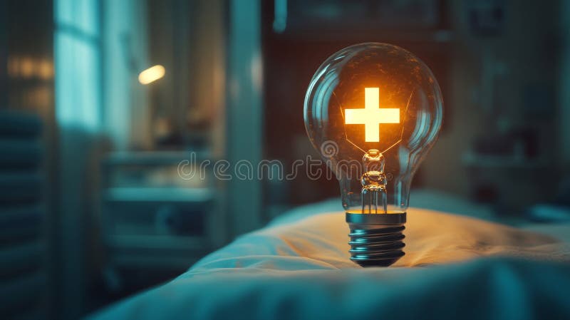 Glowing Lightbulb with Plus Sign on a Bed Stock Illustration ...
