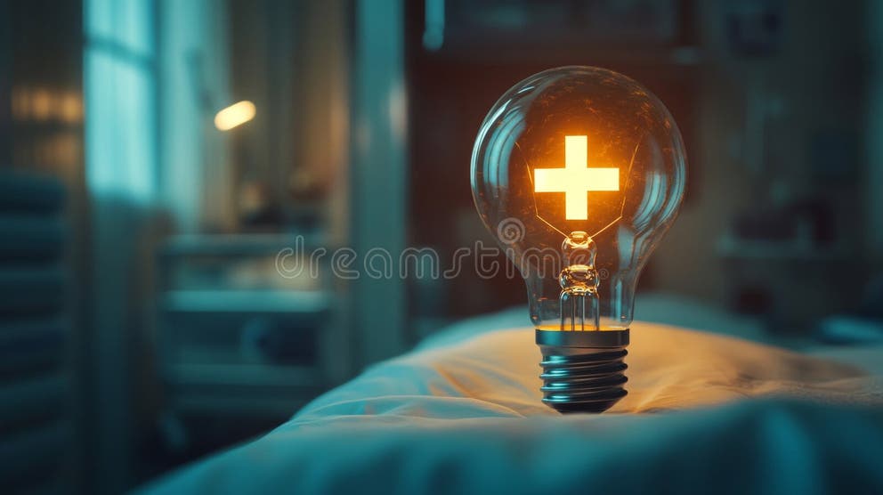 Glowing Lightbulb with Plus Sign on a Bed Stock Illustration ...