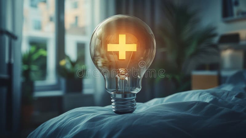 Glowing Lightbulb with Plus Sign on Bedside Table Stock Illustration ...