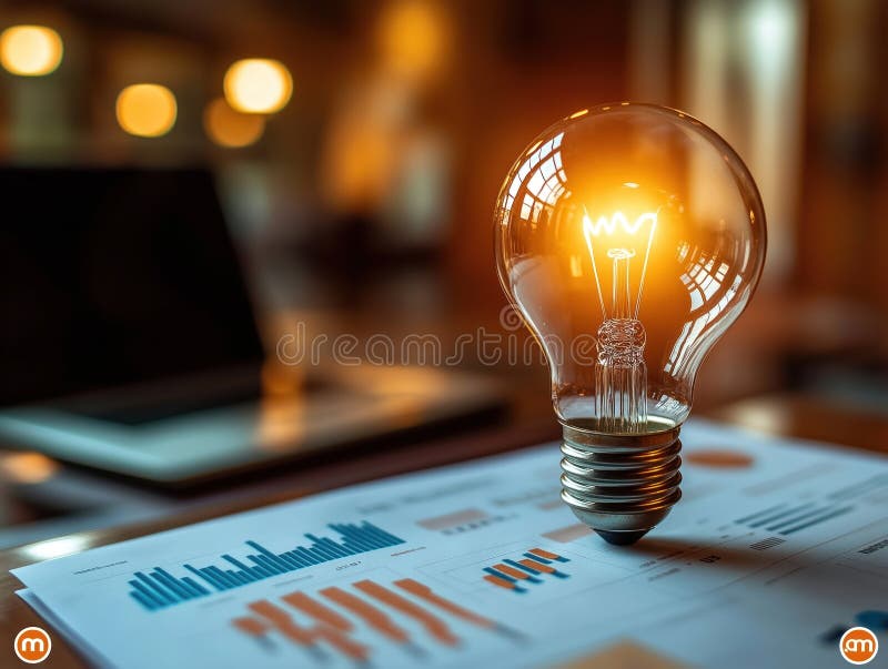 Glowing Lightbulb Rests on Business Reports with Graphs, Charts. Idea ...