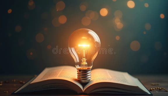 Glowing Lightbulb Sits on Open Book. Bright Idea Creativity Education ...