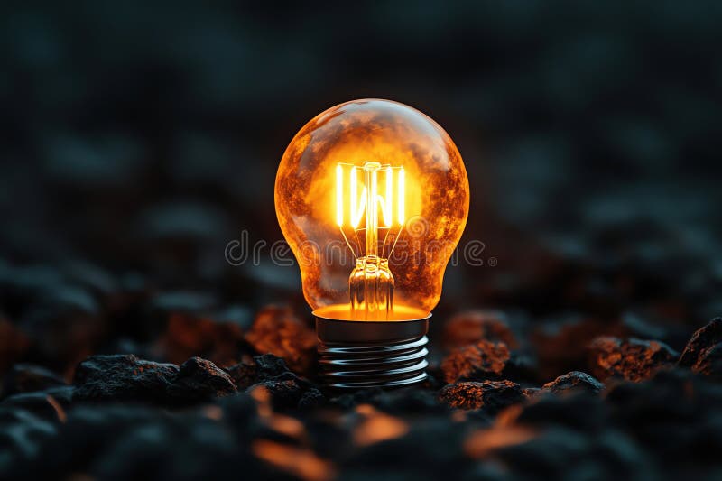 Glowing Light Bulb Sits on a Dark Stone Bed. Generative AI Illustration ...