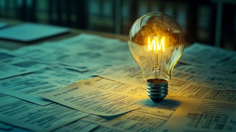 Glowing Lightbulb on a Stack of Paper Documents Stock Illustration ...