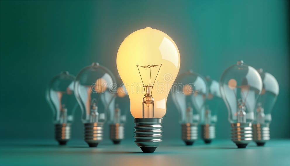 Glowing Lightbulb Stands Out among Dimmed Light Bulbs. Innovative Idea ...