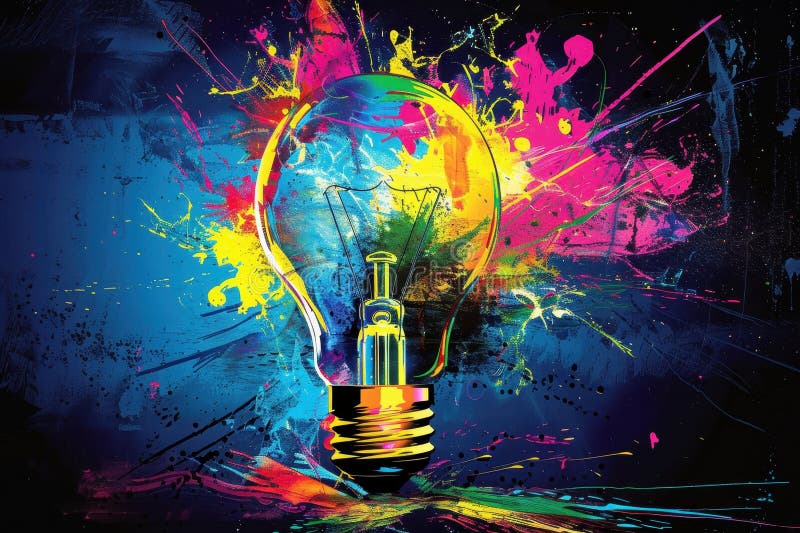 A Lightbulb Exploding with Colorful Paint Splatter Stock Illustration ...