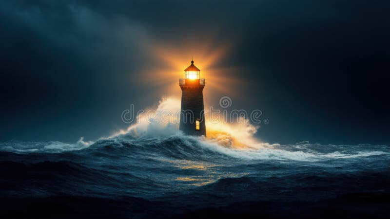 Glowing Lighthouse Emits Light Forming Paths through Dark Sea ...
