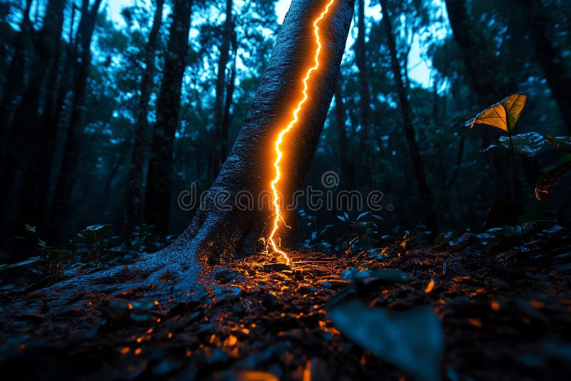 A Glowing Lightning Bolt Strikes a Tree in a Dark Forest. the Light ...