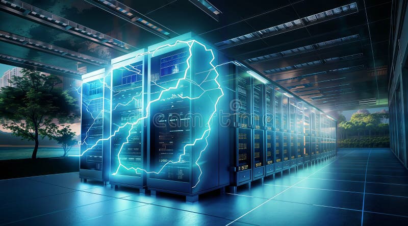 Glowing Lightning Over Electrical Substation Interior. 3d Rendering ...