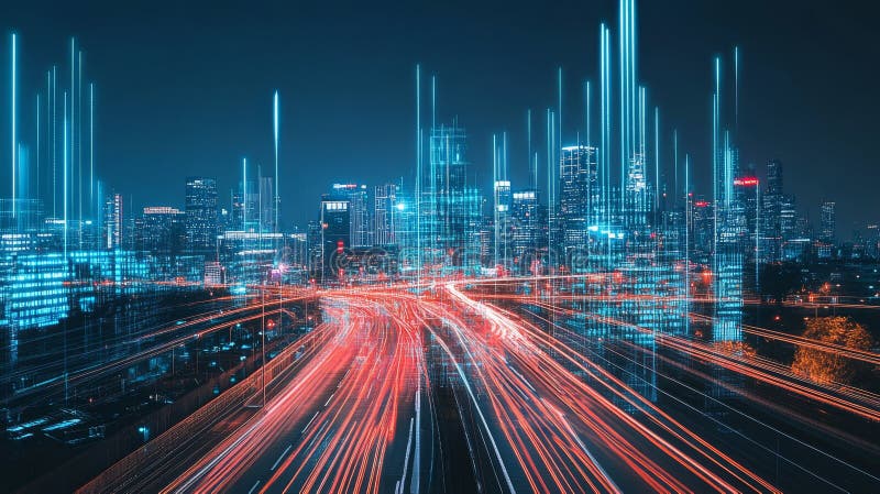 Glowing Lights and Digital Lines Define the Futuristic Cityscape Stock ...