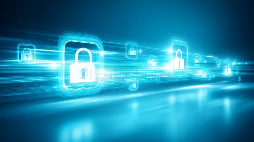 Glowing Lights and Lock on Blue Background, a Visual Representation of ...