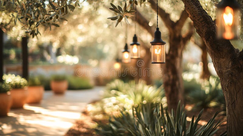 Glowing Lights on Olive Trees. Stock Illustration - Illustration of ...