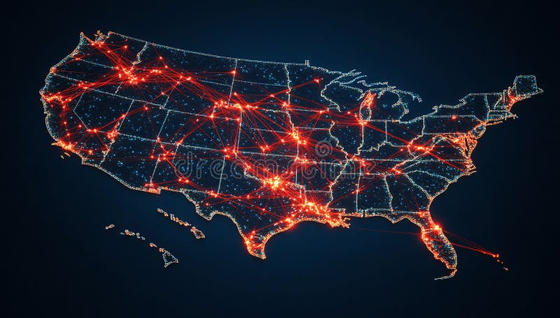 Glowing Lines Connecting US Cities Abstract Map Stock Illustration ...