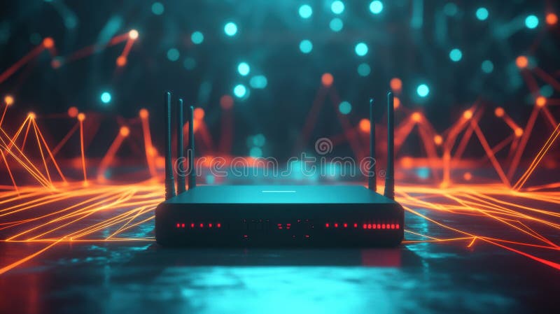 Glowing Lines Intertwine with Network Cables and a Router, Illustrating ...