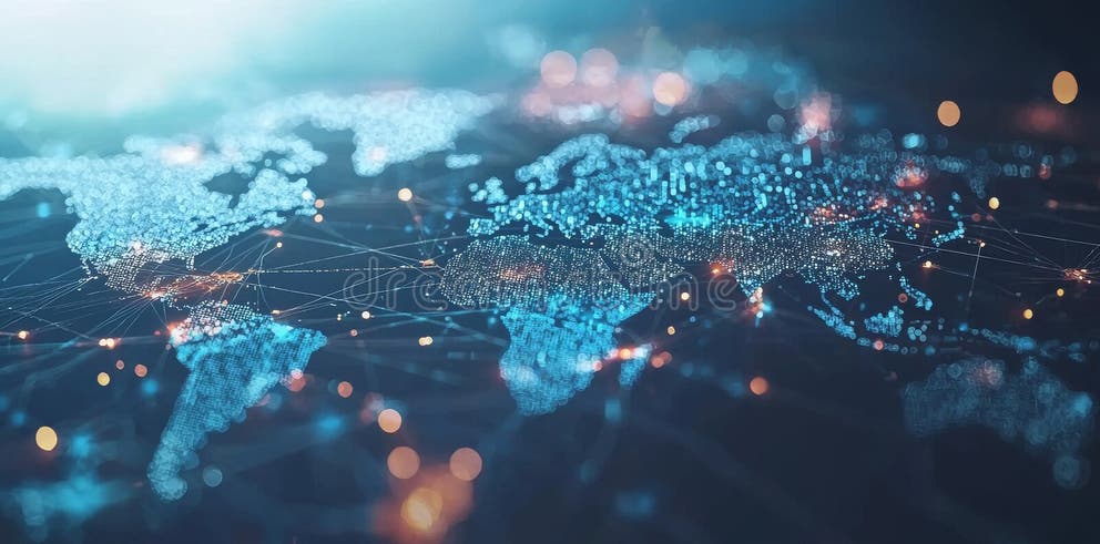 Glowing Lines and Nodes Global Network World Map, Connected, Technology ...