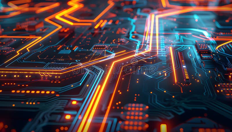 Glowing Lines and Particles on Dynamic Digital Circuit Board. Cutting ...