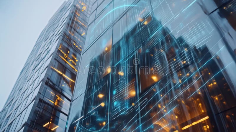 Futuristic Building Showing Internet of Things Data Flowing on Glass ...