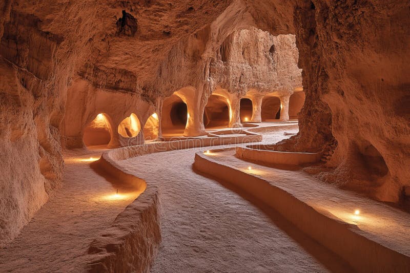 Glowing Lines Weave through the Dark Space of a Cave, Creating Abstract Light Trails that ...