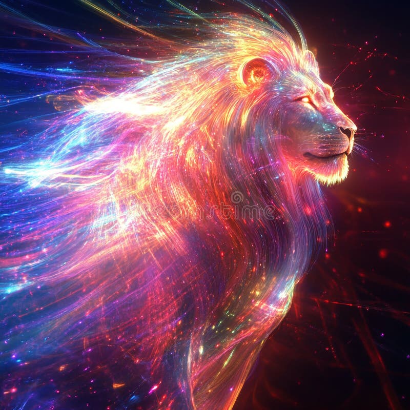 Glowing Lion with a Mane of Shifting Light Stock Illustration ...