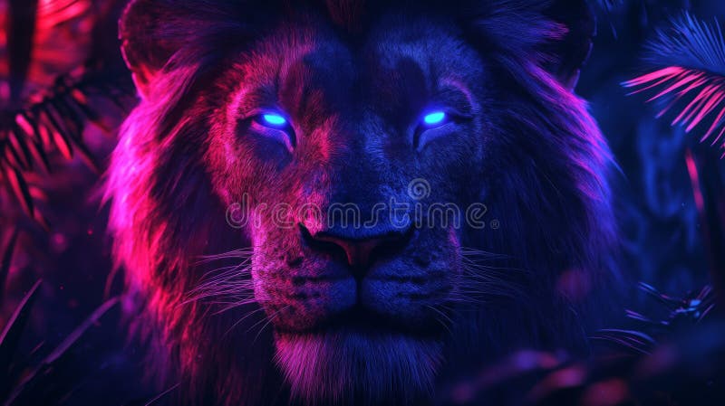 Glowing Lion Portrait in a Dark Jungle Stock Illustration ...