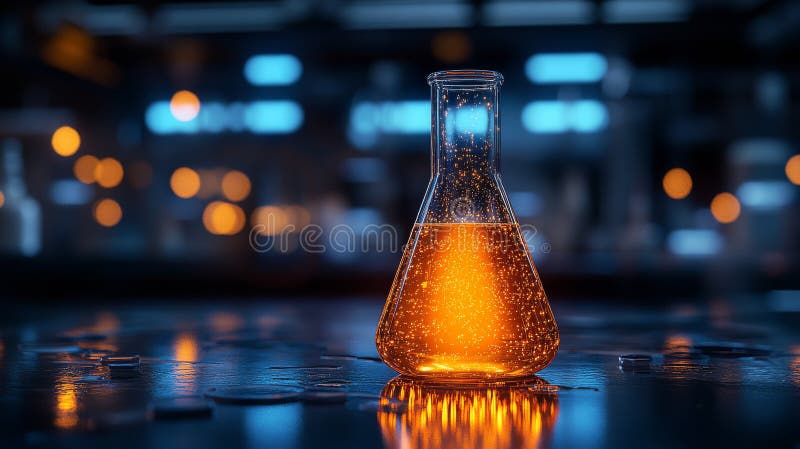 Glowing Liquid in Erlenmeyer Flask in a Scientific Laboratory Setting ...