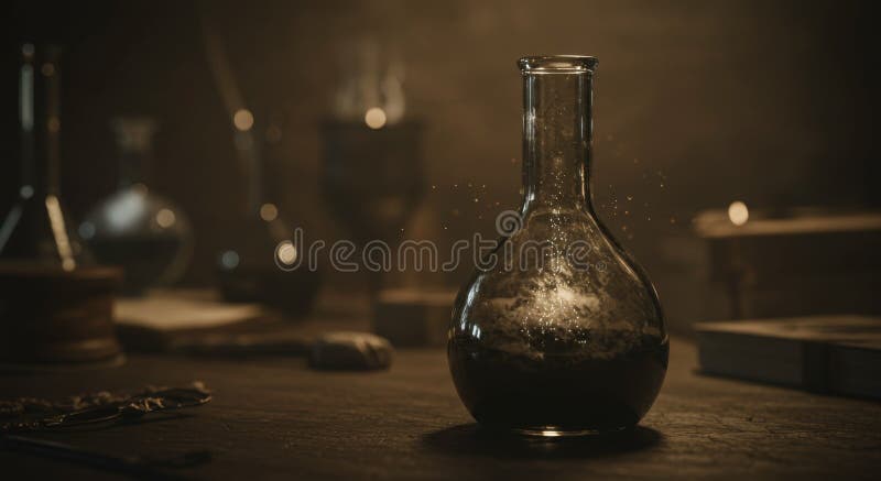 Glowing Liquid in Glass Flask on Dark Table Stock Illustration ...