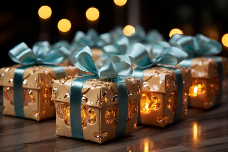 Glowing Little Gift Boxes with Sky Blue Bow Stock Illustration ...